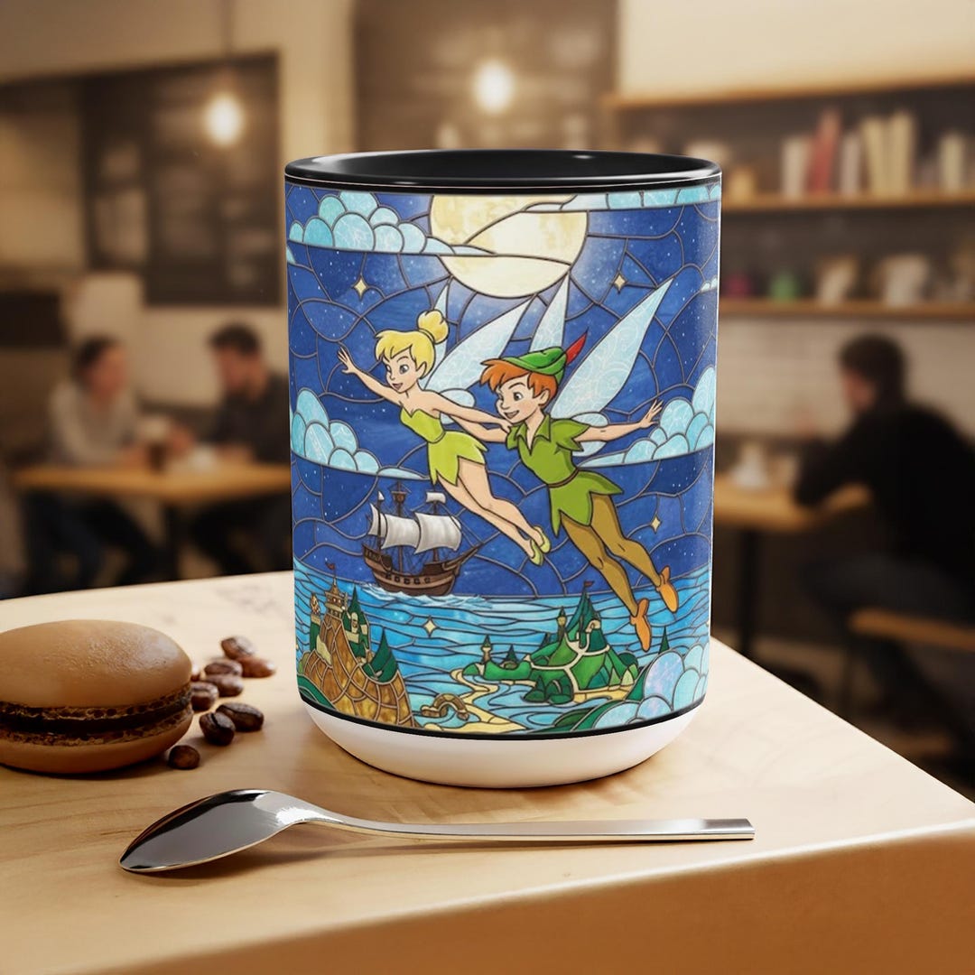 Tinker Bell and Peter Pan Stained-glass Style Mug, Disney Fairy Flight ...