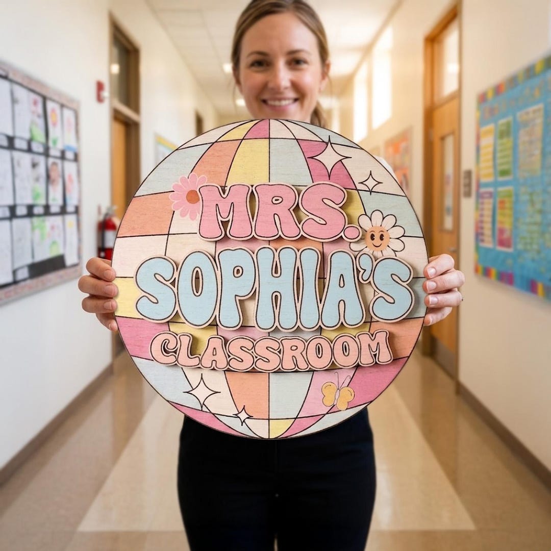 Retro Classroom Door Sign for Teacher, Personalized Teacher Name Sign ...