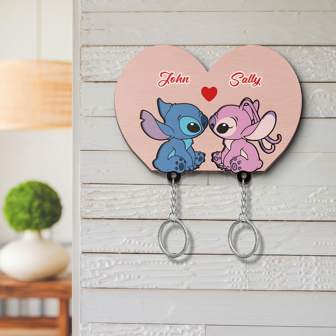 Personalized Stitch and Angel Wooden Keychain Holder, Disney Couple Key ...