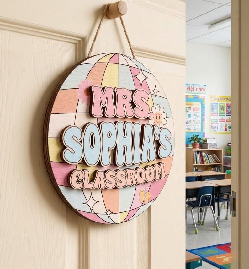 Retro Classroom Door Sign for Teacher, Personalized Teacher Name Sign ...