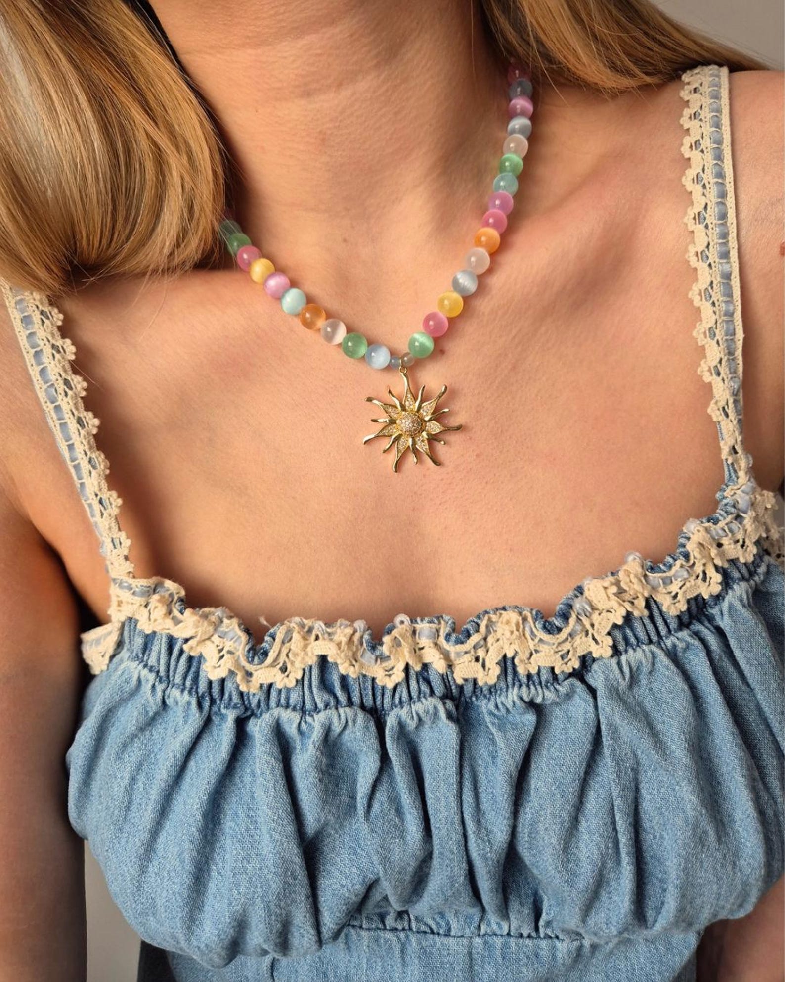 Colorful Selenite Necklace, Gold Plated Pedant, Rainbow Mood, Spring ...