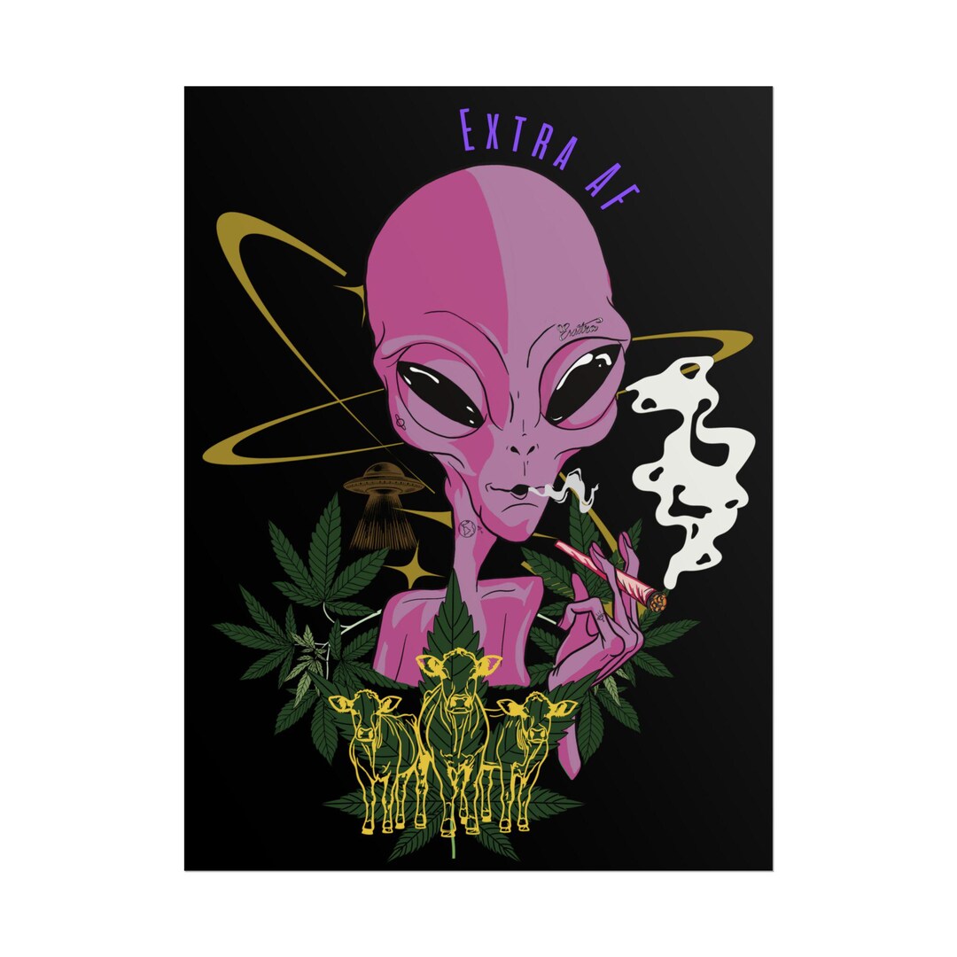 Poster, Alien Smoking Marijuana With Cows and UFO, Funny Hippie Space ...