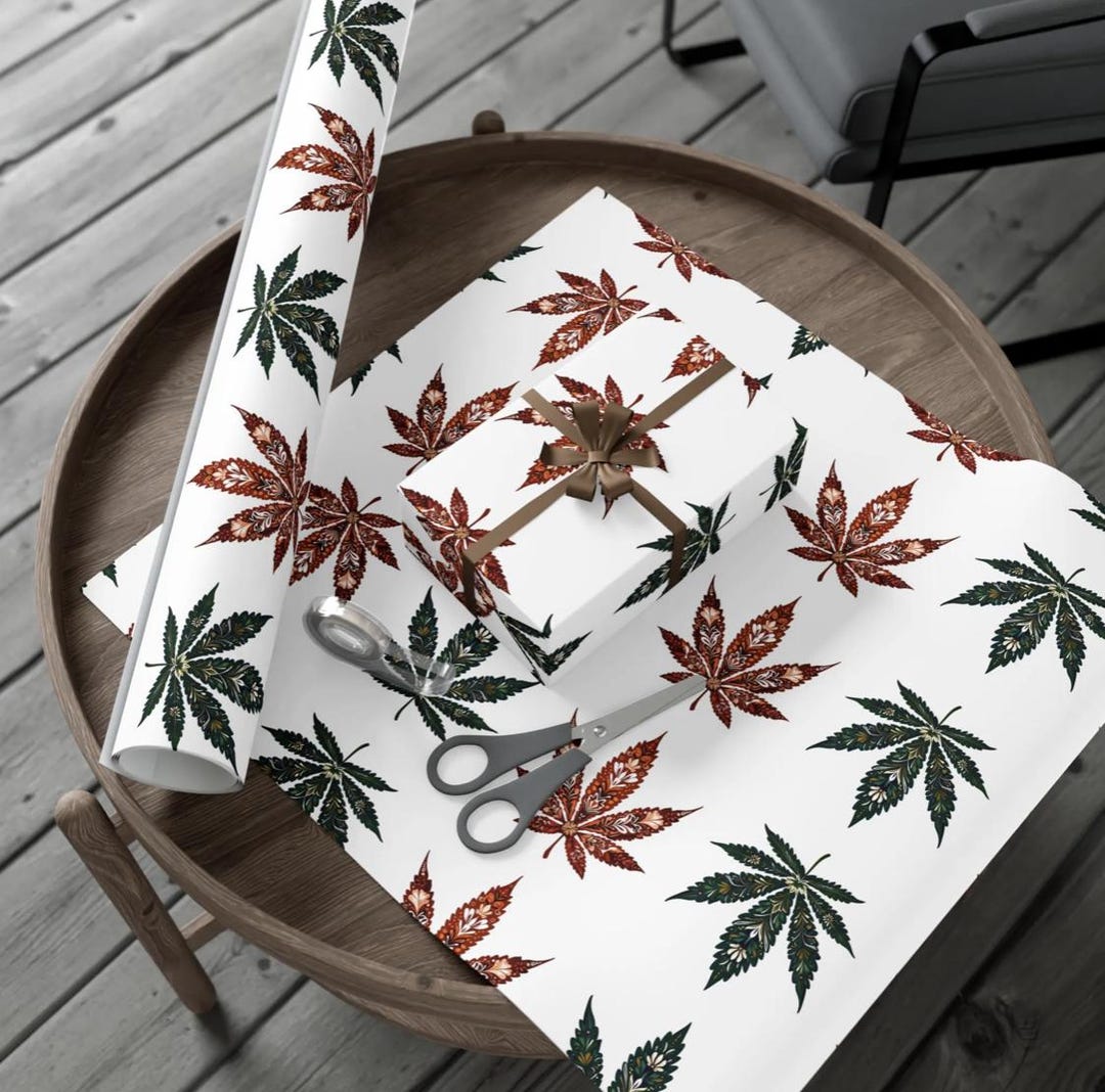Boho Printable Christmas Birthday Gift Wrap, Marijuana Folk Art ...