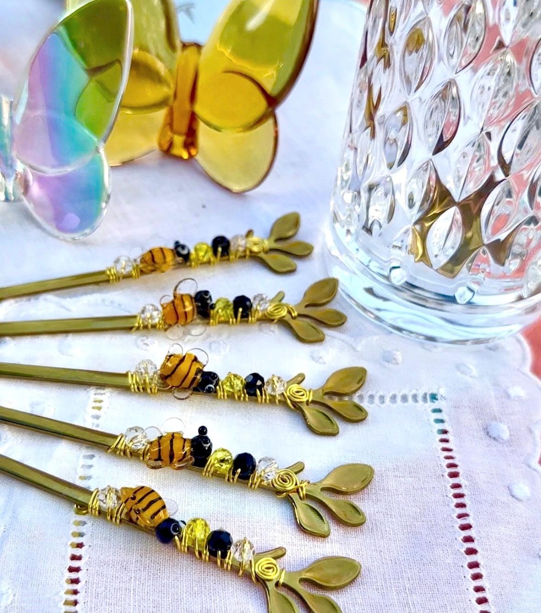 Bee Glass Beaded Spoon Long Handle Embellished Cocktail Mixing Iced Tea ...
