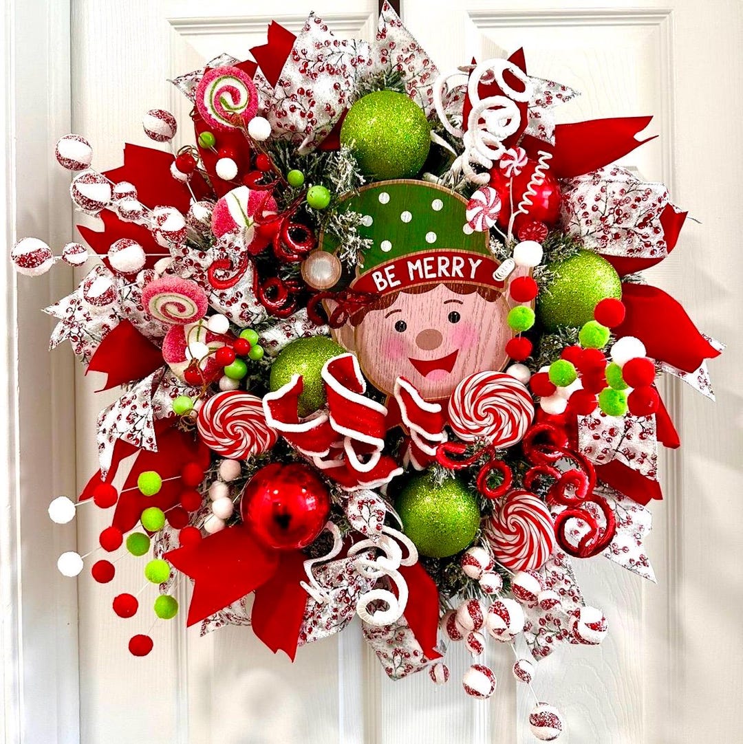 Christmas Candy and Jolly Elf Door Wreath Festive Holiday Decor for ...