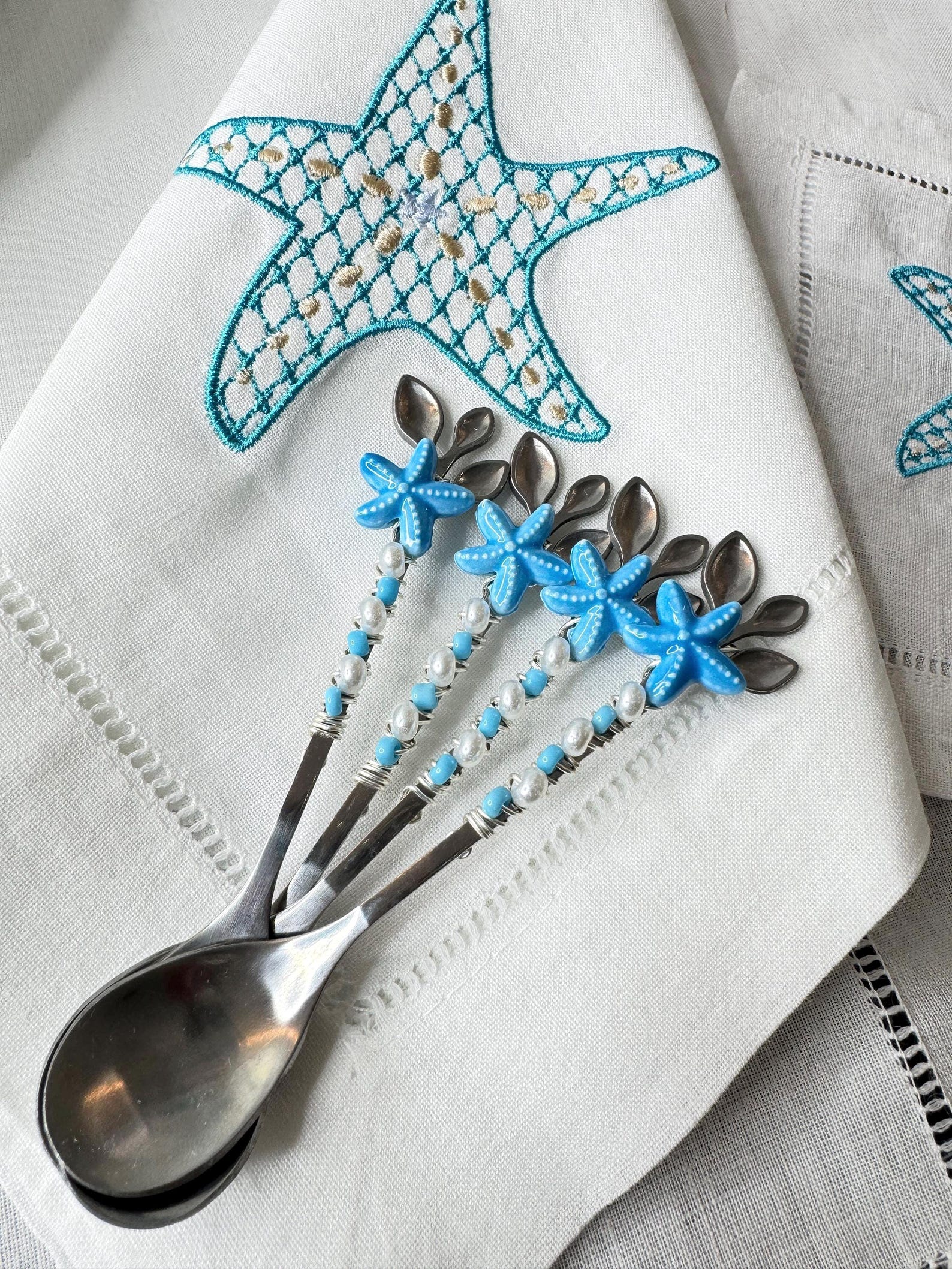 Handmade Beaded Teaspoons With White and Blue Starfish Beads Tea and ...