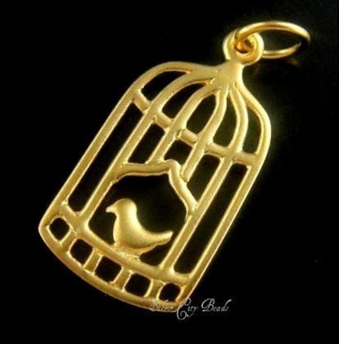24k Vermeil Wire Bird Cage Charm With Tiny Bird-24x12mm - Etsy