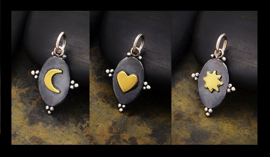 Sterling Silver Sun, Moon, Heart, Oval Charms, Oxidized, Bronze Accents ...