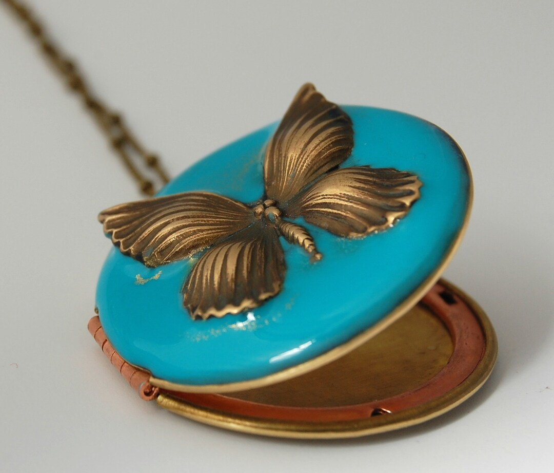 Vintage Butterfly Locket Necklace Butterflies Retro Sixties Turquoise ...