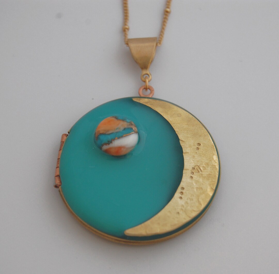 Vintage Locket Moon and Sun Necklace Turquoise Brass Mom Jewelry Galaxy ...