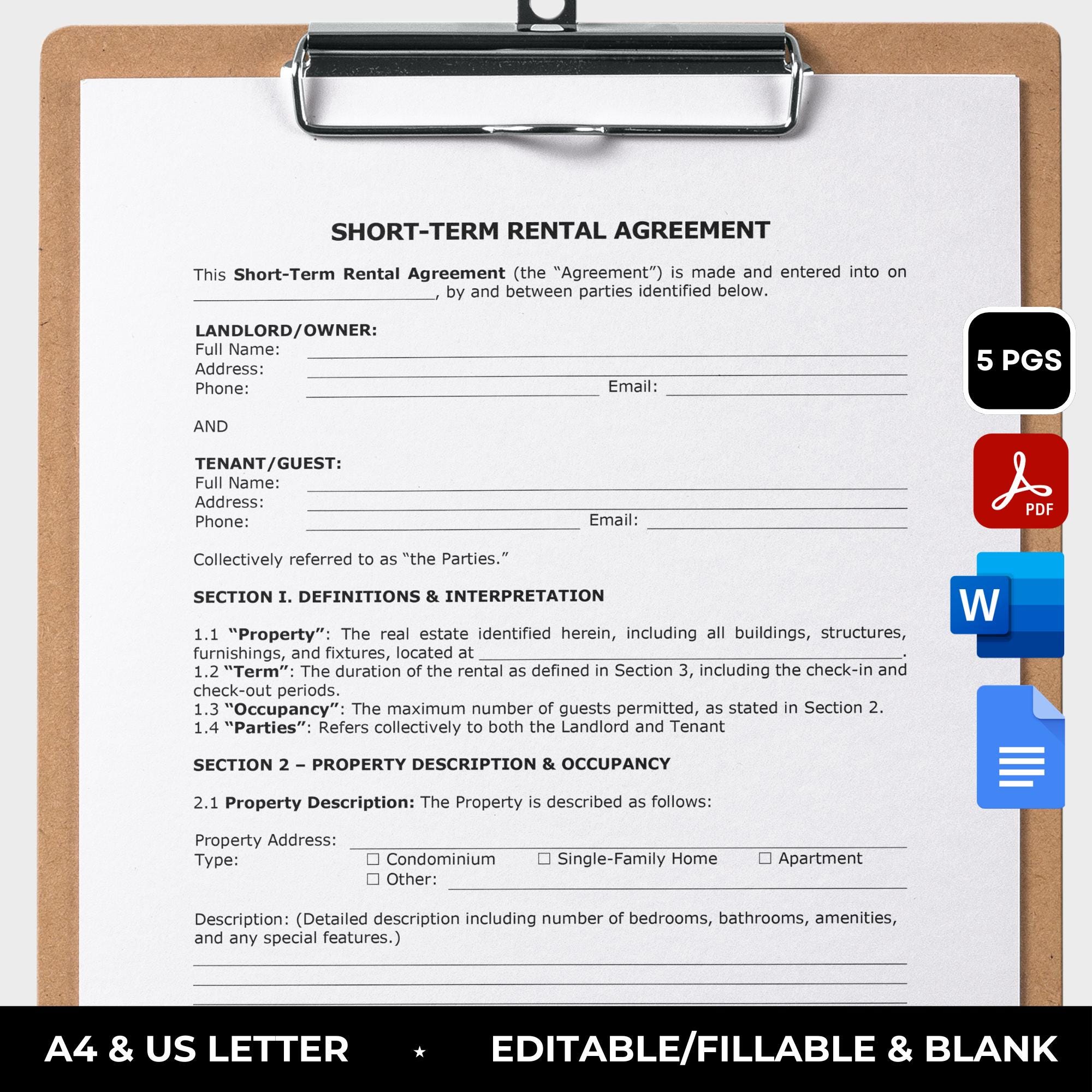 Short Term Rental Agreement Template Printable Lease Agreement Editable ...