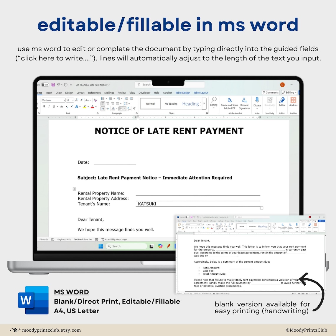 Late Rent Letter Fillable Late Rent Notice Printable Late Rent Payment ...