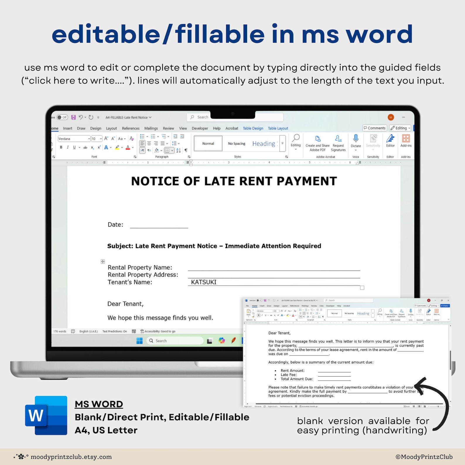 Late Rent Letter Fillable Late Rent Notice Printable Late Rent Payment ...