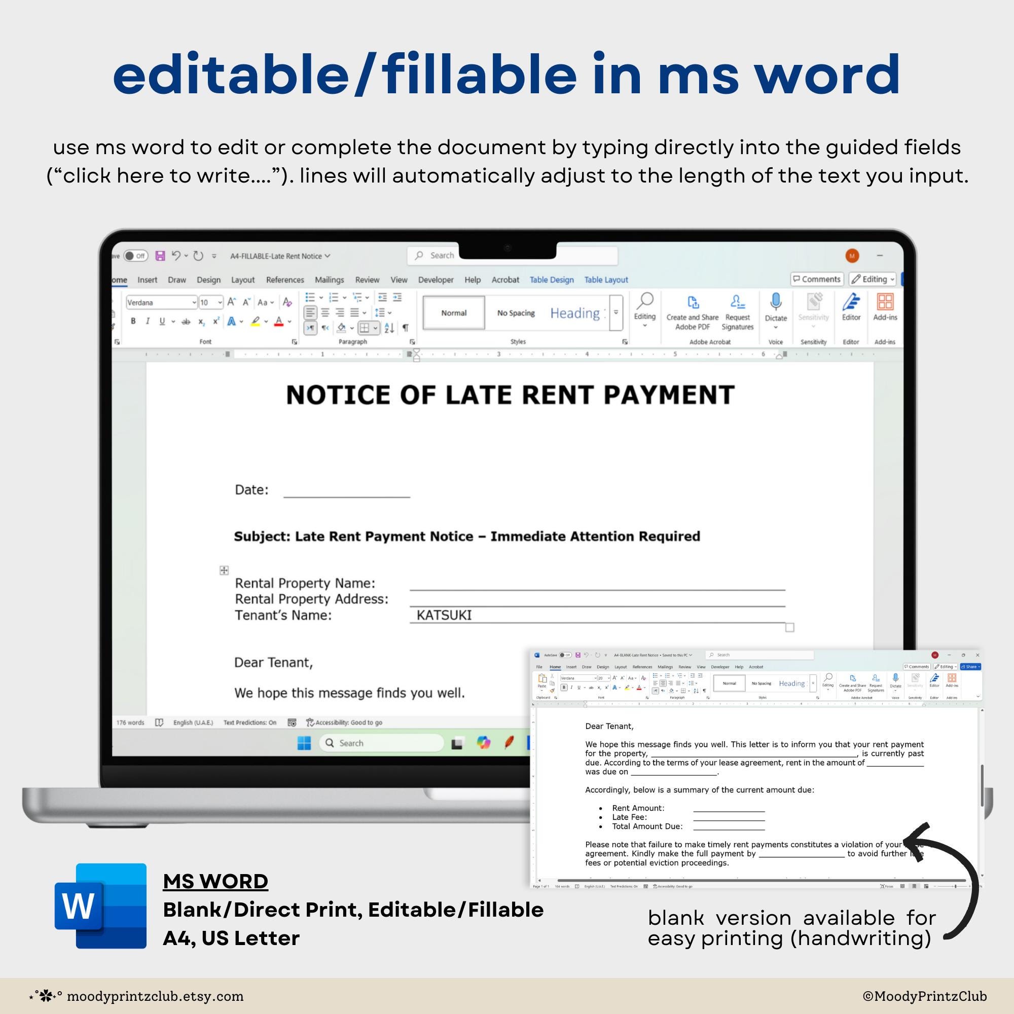 Late Rent Letter Fillable Late Rent Notice Printable Late Rent Payment ...