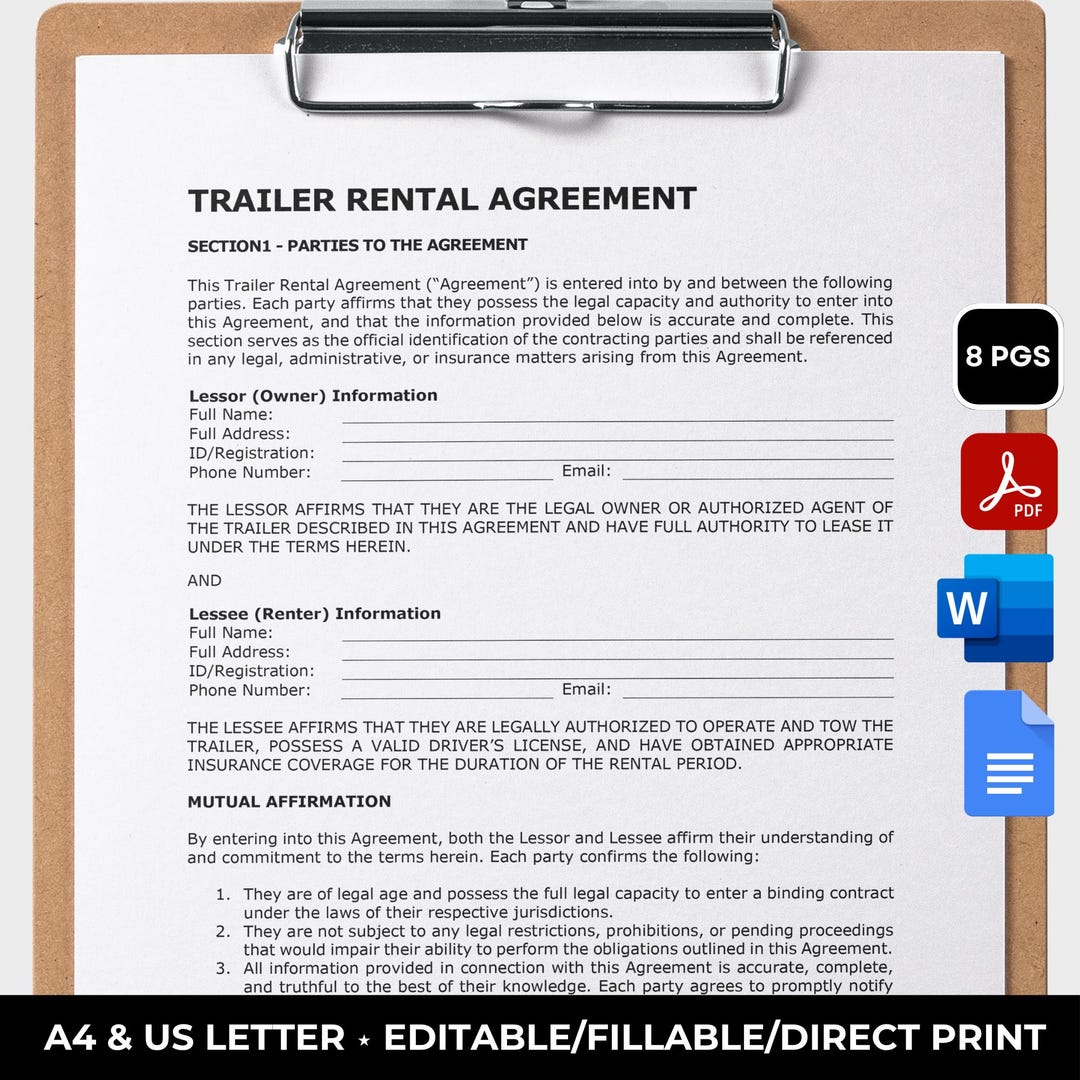 Printable Trailer Rental Agreement Template, Editable Trailer Lease ...