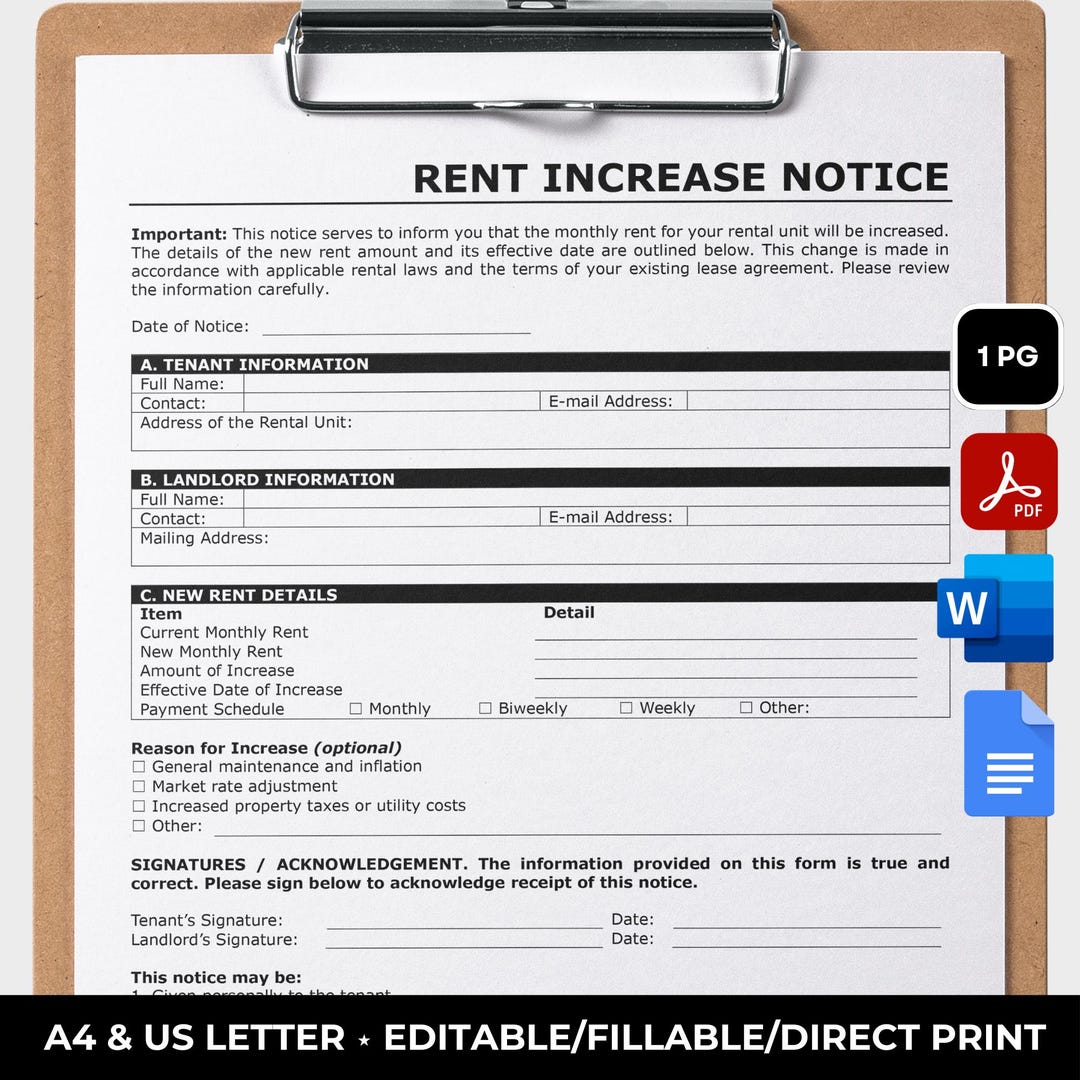 Editable Rent Increase Notice, Printable Room Rental Increase Form ...