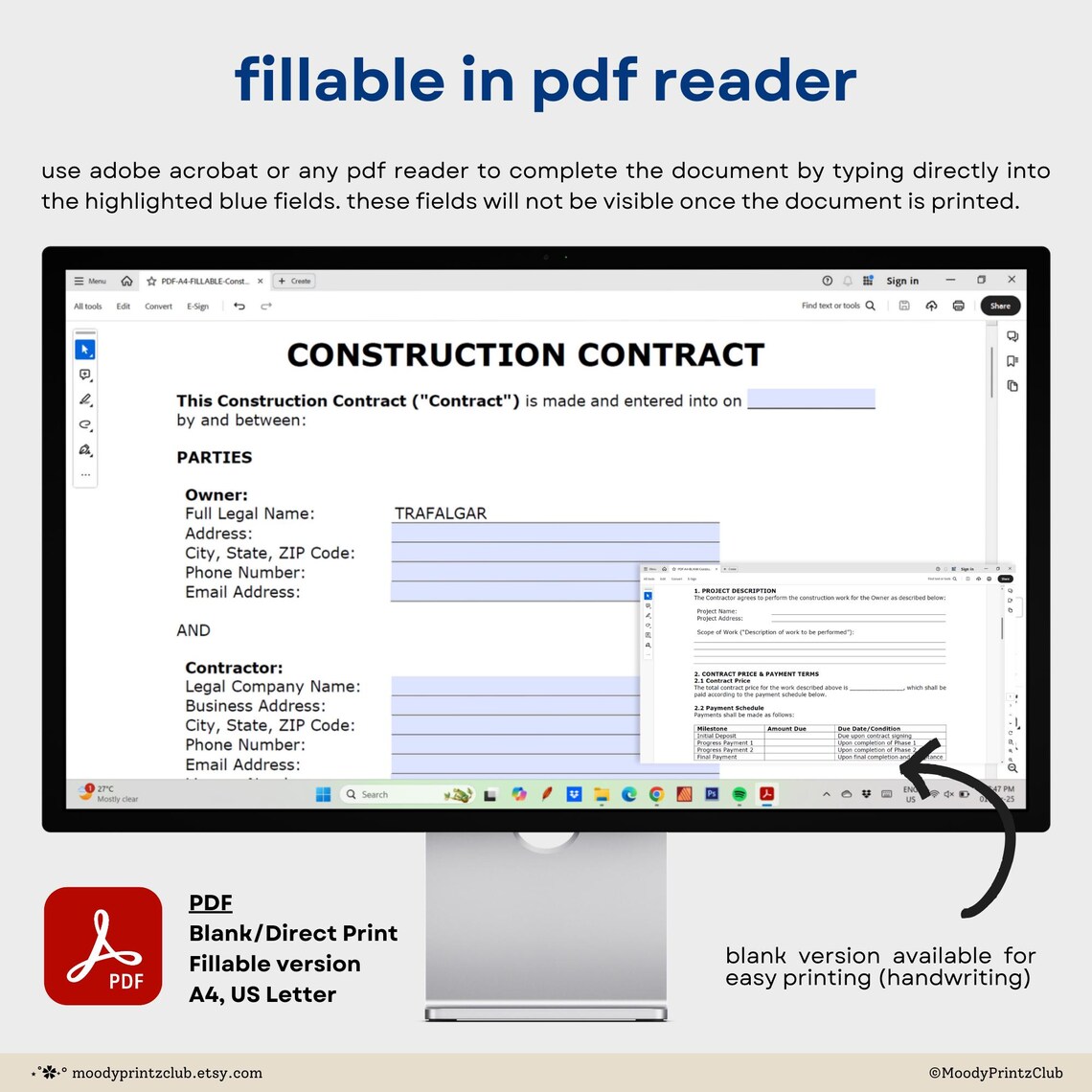 Construction Contract Template Editable Contractor Agreement Printable ...