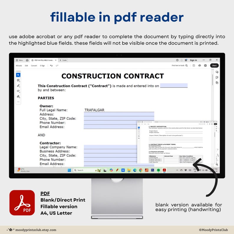Construction Contract Template Editable Contractor Agreement Printable ...