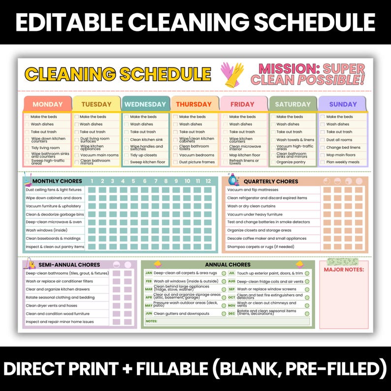 EDITABLE Cleaning Schedule Cleaning Planner Weekly Monthly Yearly ...
