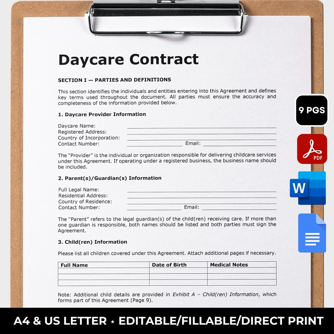 Daycare Contract Template Editable Childcare Agreement Printable ...