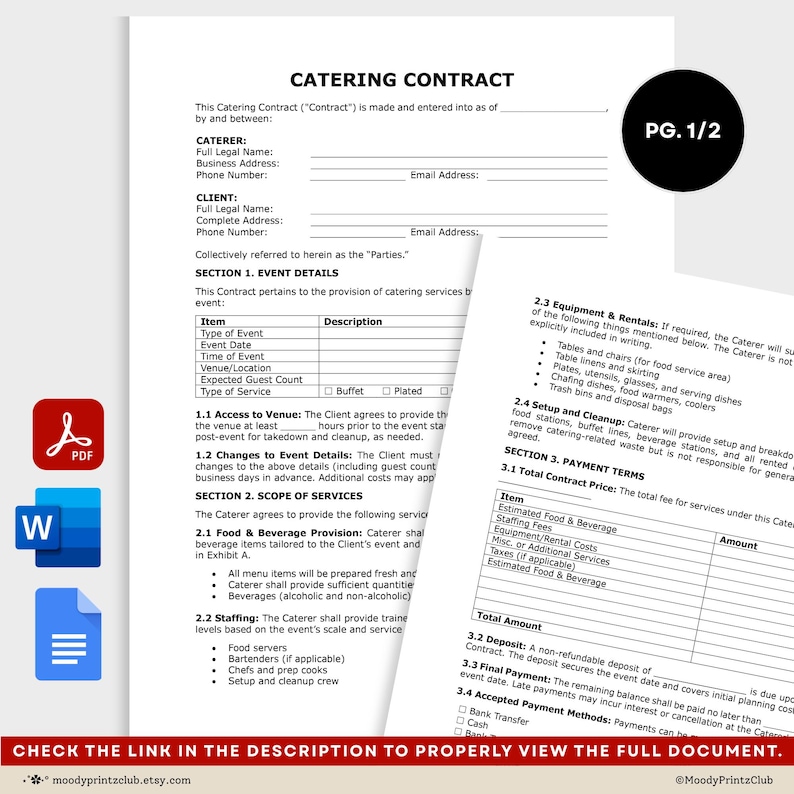 Event Catering Contract Template Printable Catering Services Contract Editable Food Service ...