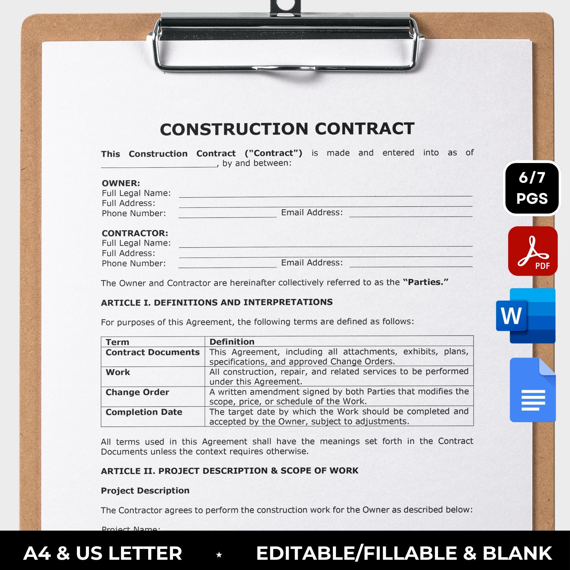 Construction Contract Template Printable Contractor Agreement Editable ...
