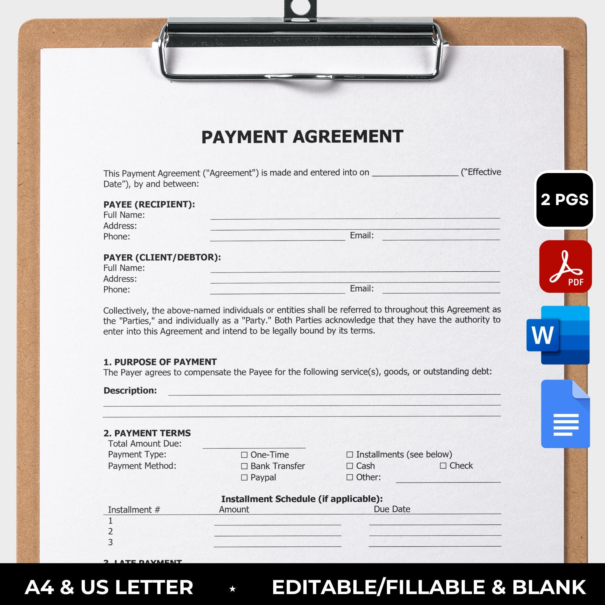 Payment Agreement Template Printable Purchase Agreement Contract ...