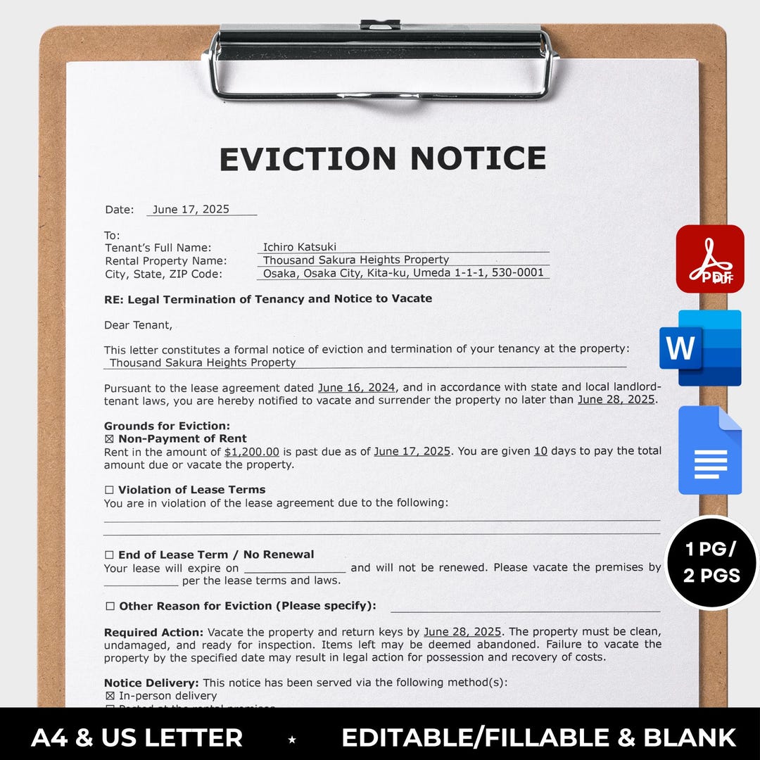 Eviction Notice Template Fillable Eviction Letter Printable Notice to ...