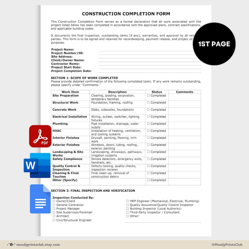 Construction Completion Form Printable Construction Contract Template Editable Contractor ...