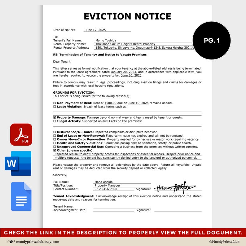Eviction Notice Letter Template, Printable Landlord Eviction Letter ...