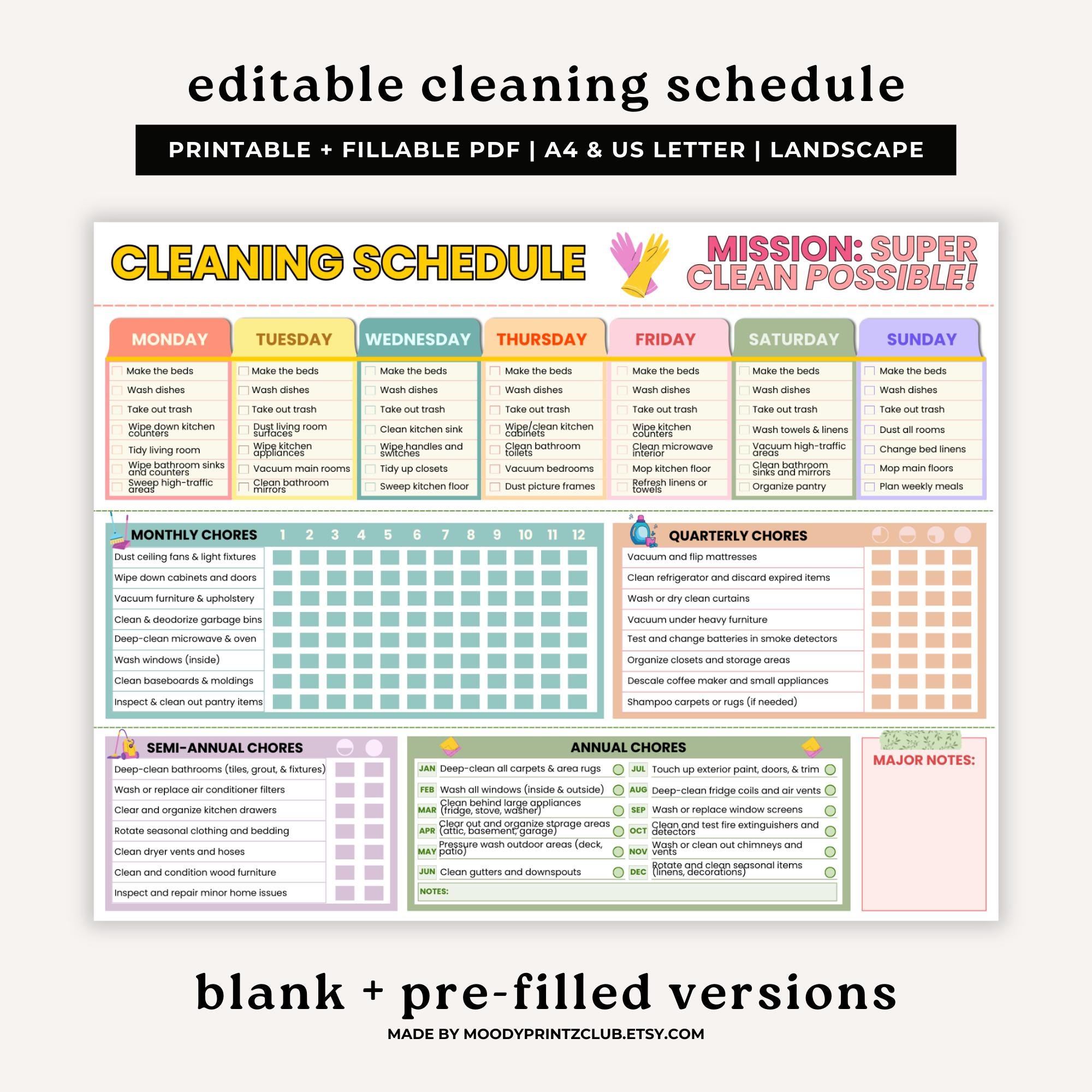 Editable House Cleaning Schedule Cleaning Planner Weekly Monthly Yearly ...
