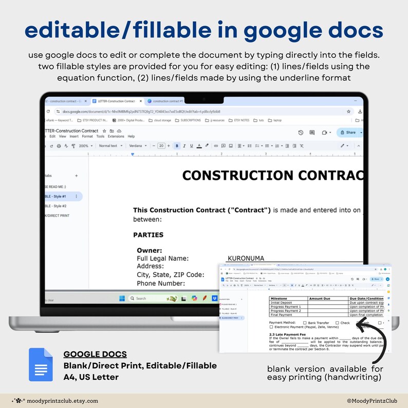 Construction Contract Template Editable Contractor Agreement Printable ...