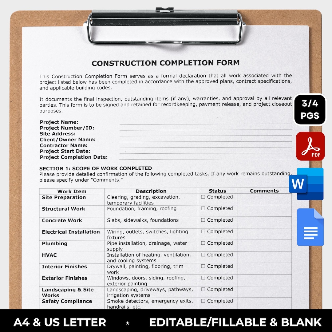 Construction Completion Form Printable Construction Contract Template ...