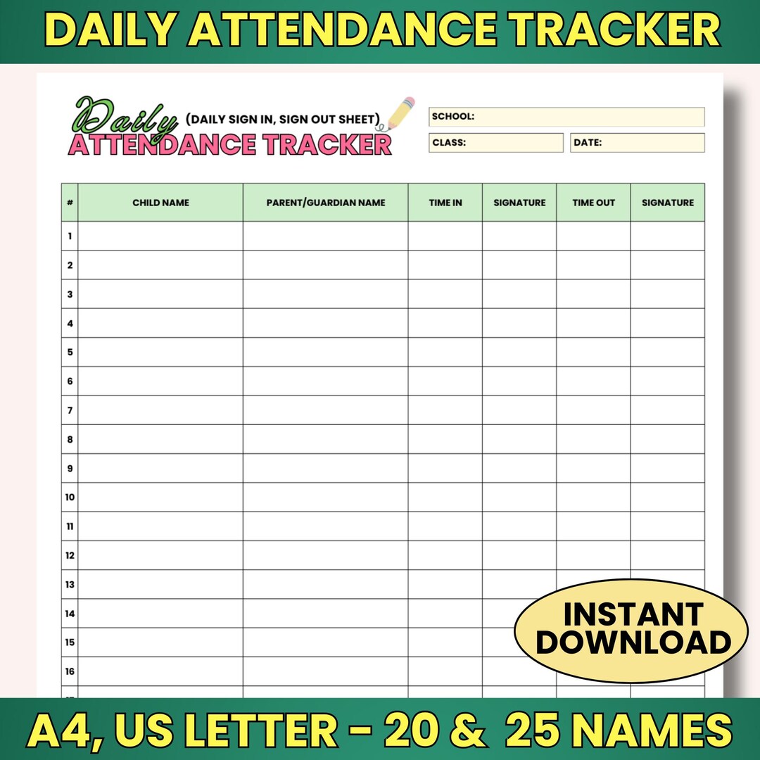 Daily Attendance Tracker Printable School Attendance Sheet Student ...