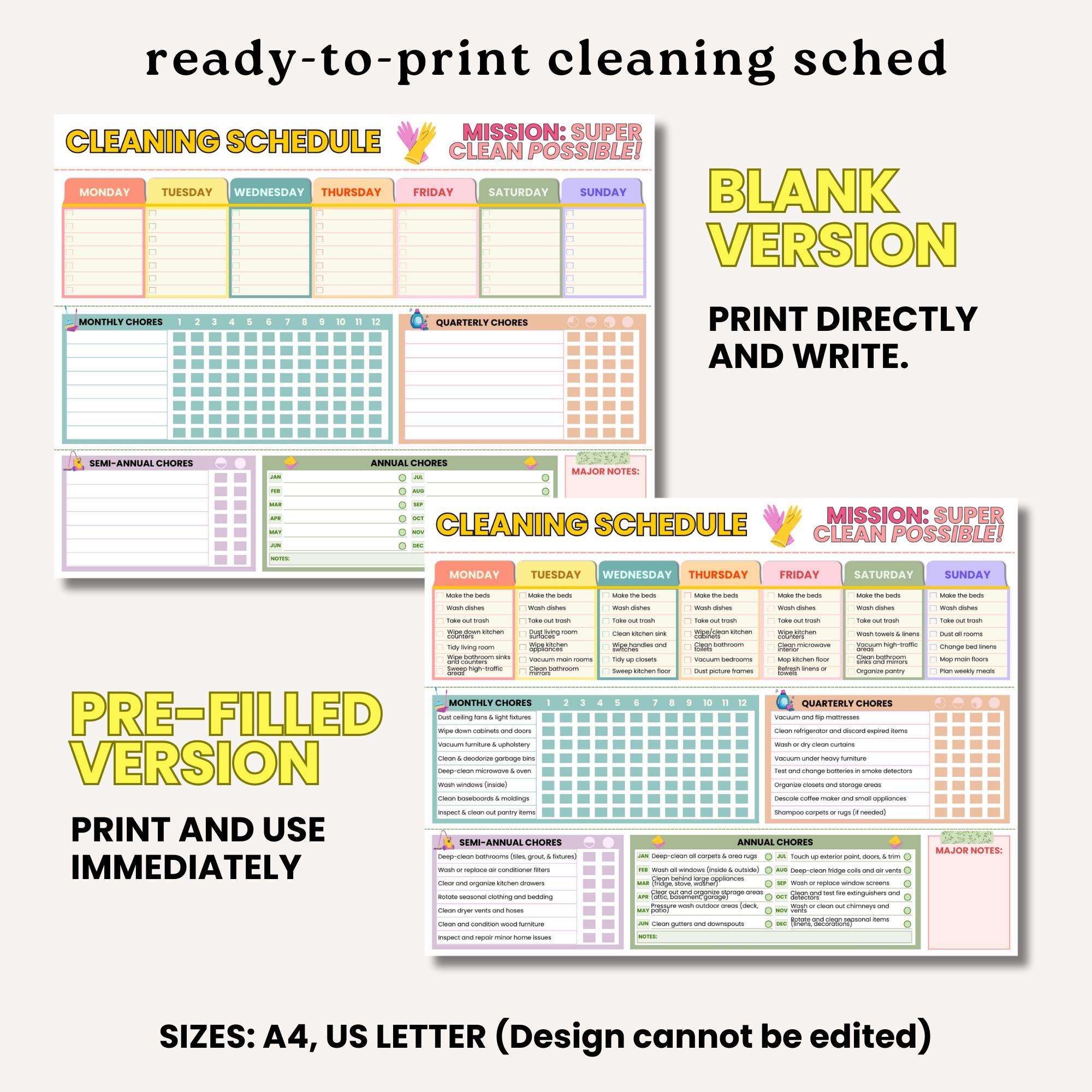 Editable House Cleaning Schedule Cleaning Planner Weekly Monthly Yearly ...