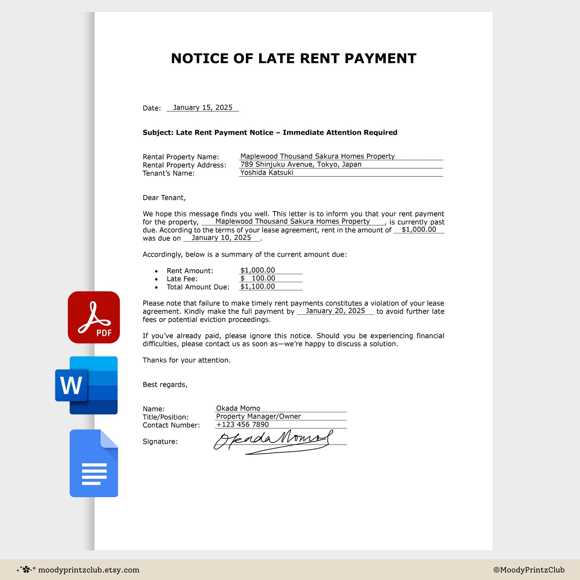Late Rent Letter Fillable Late Rent Notice Printable Late Rent Payment ...