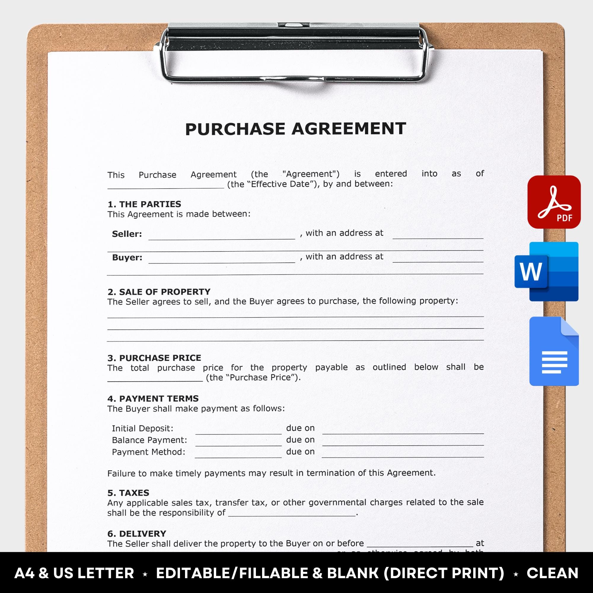 Printable Purchase Agreement Template Editable Contract Purchase and ...