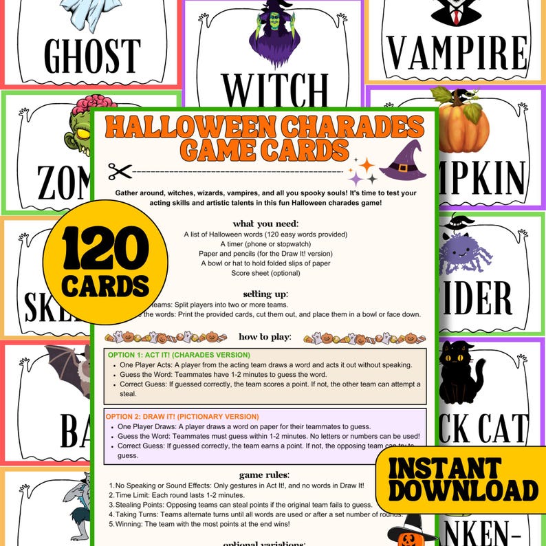 Halloween Charades Game, Printable Halloween Word Game, Holiday ...