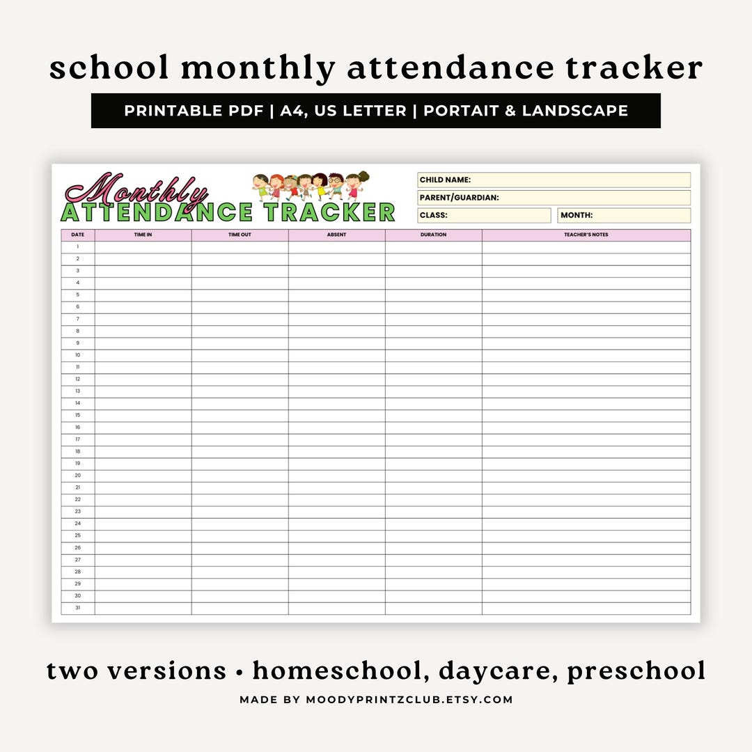 Monthly Attendance Tracker Sheet Log Printable Student Attendance ...