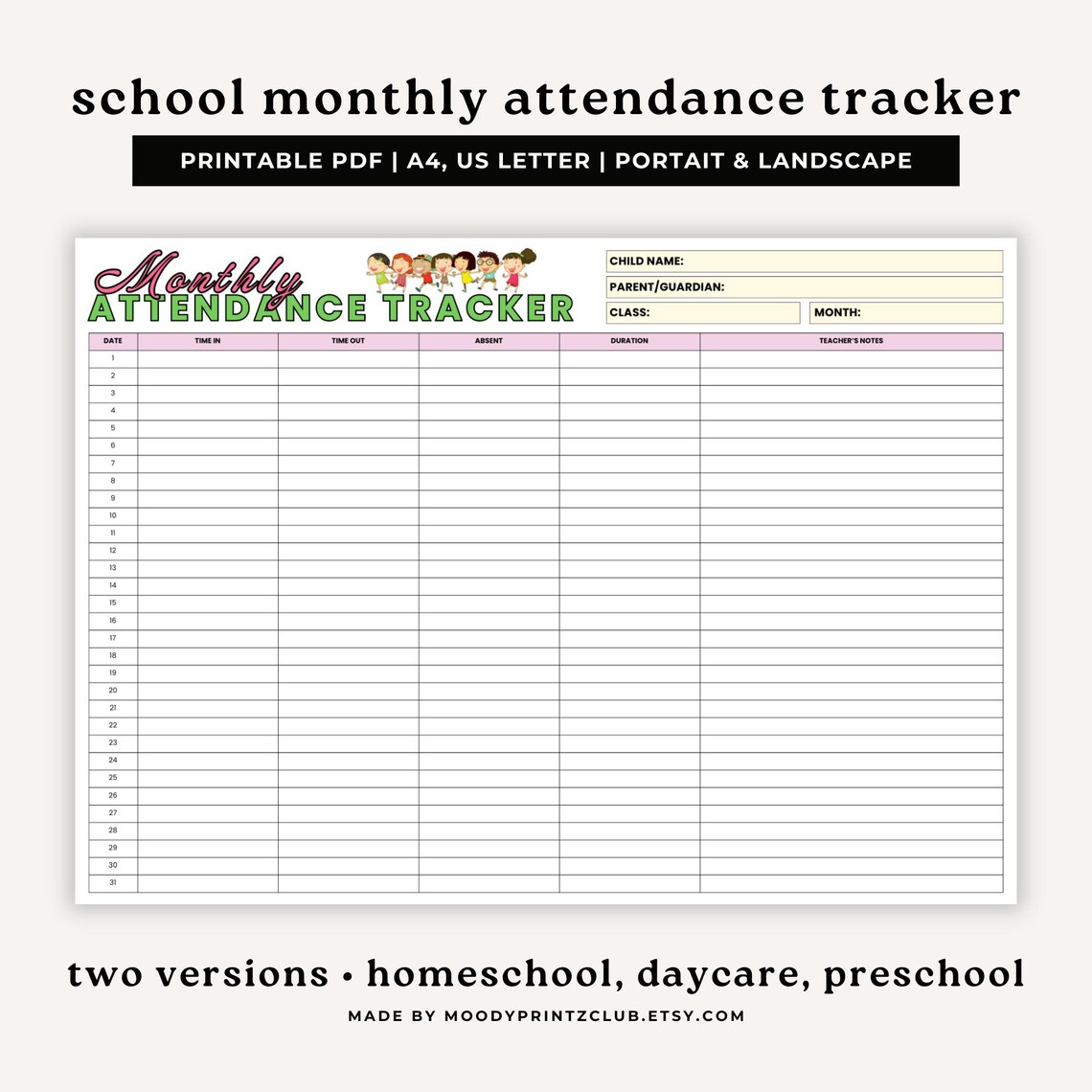 Monthly Attendance Tracker Sheet Log Printable Student Attendance ...