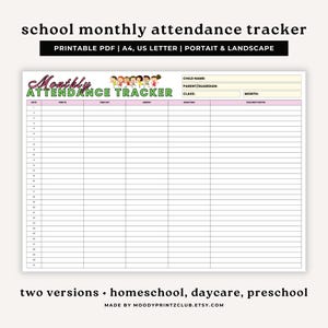 Monthly Attendance Tracker Sheet Log Printable Student Attendance ...