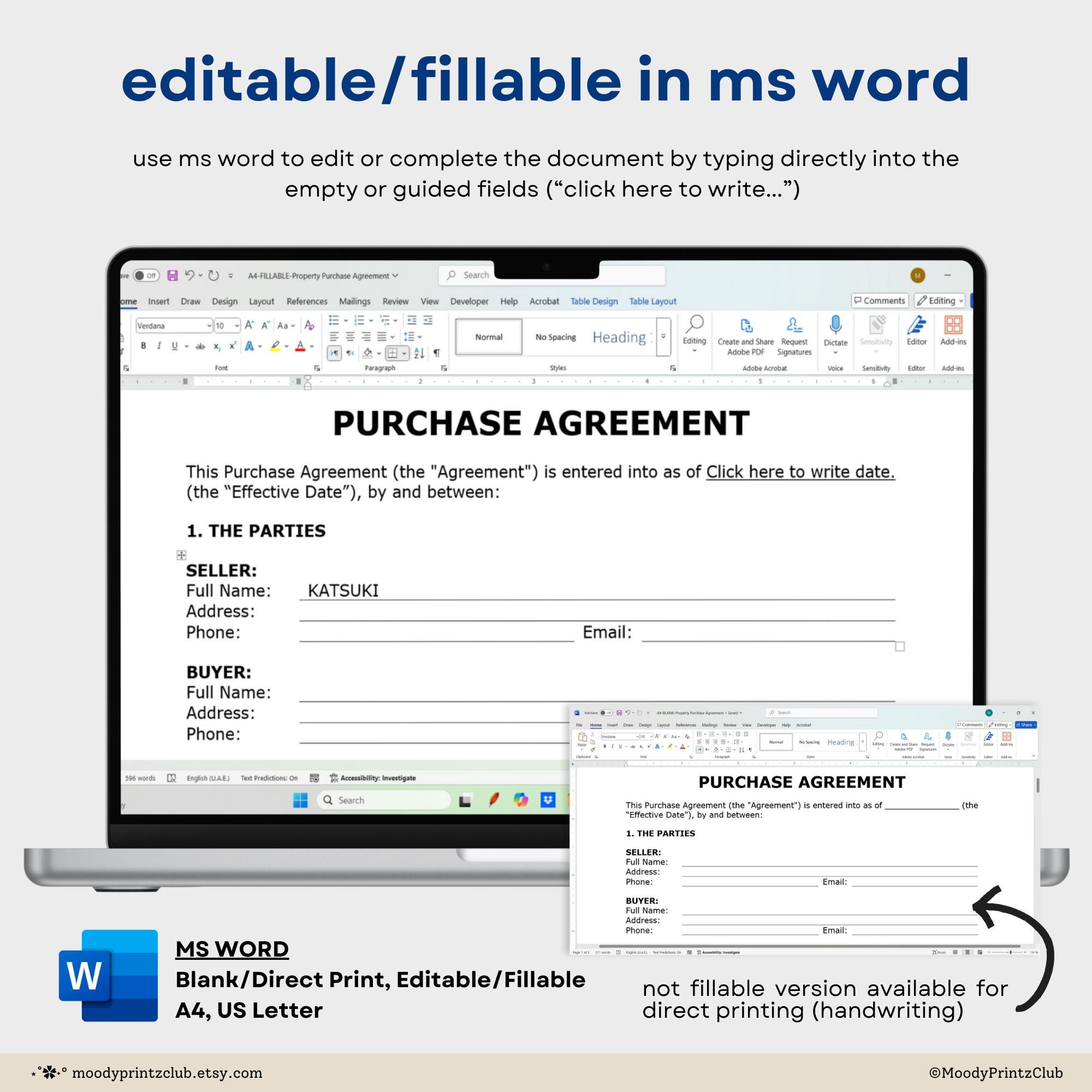 Printable Property Purchase Agreement Template Editable Contract 4964