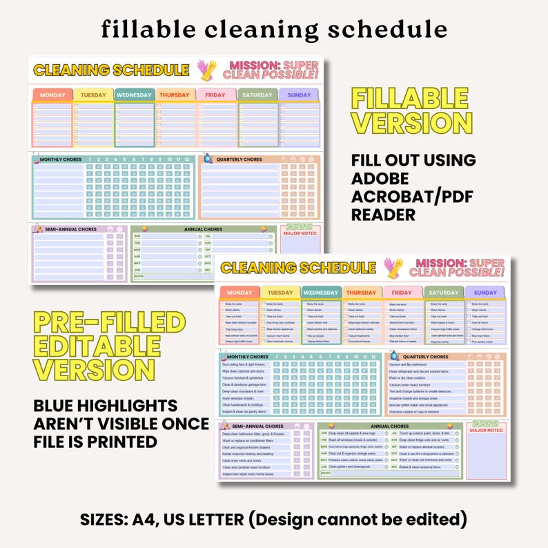 Editable House Cleaning Schedule Cleaning Planner Weekly Monthly Yearly ...