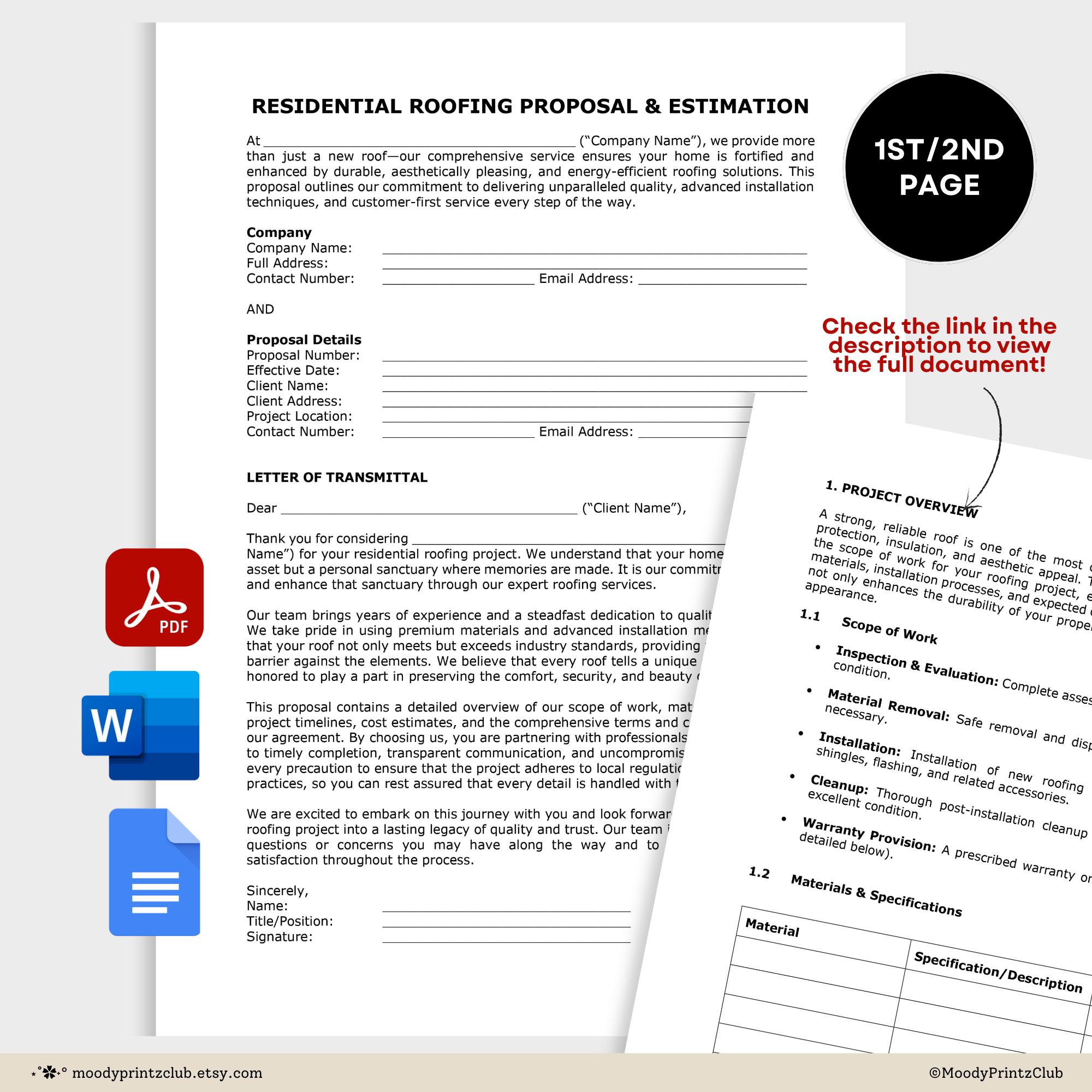 Residential Roofing Proposal Template Roofing Estimate Form Printable ...