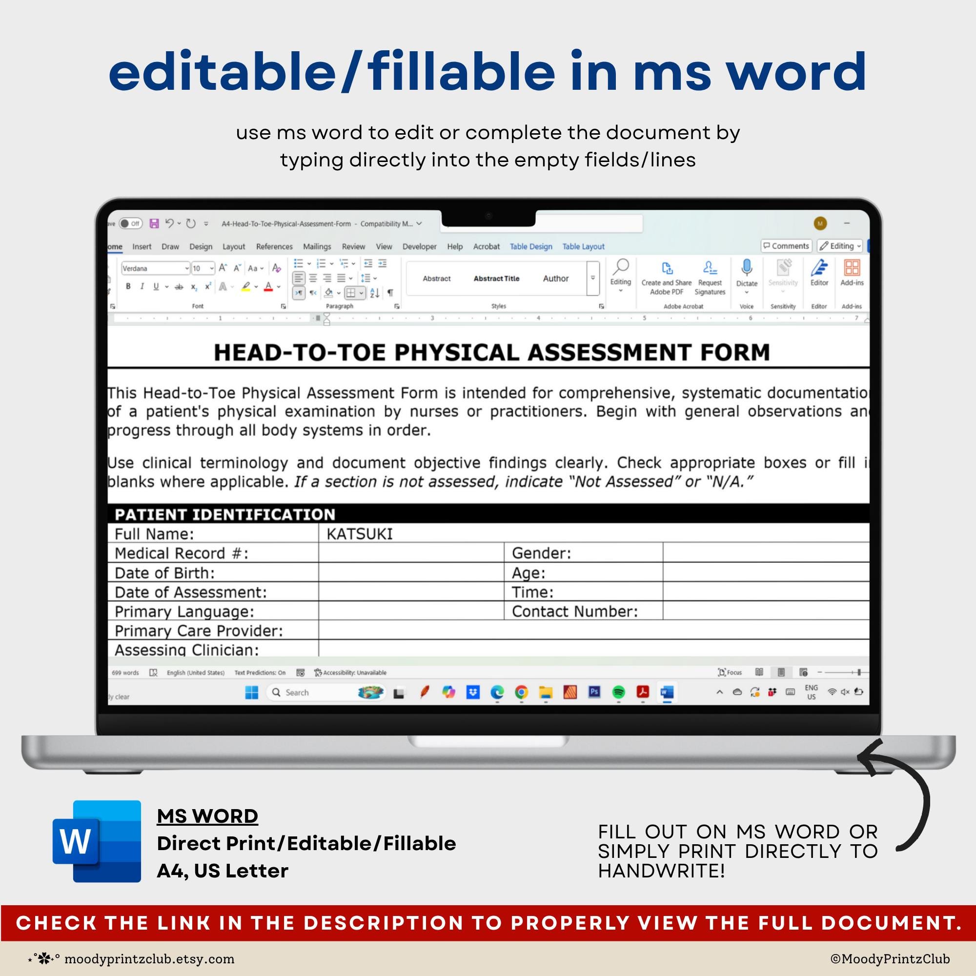 Head to Toe Physical Assessment Template Patient Assessment Form Nurse ...