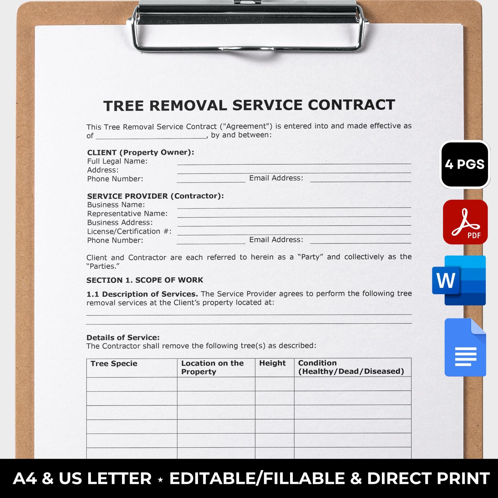 Tree Removal Contract Template Printable Tree Service Work Form ...