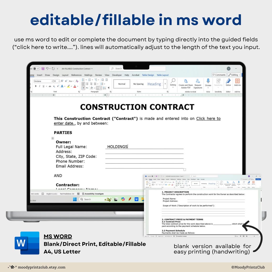Construction Contract Template Editable Contractor Agreement Printable ...