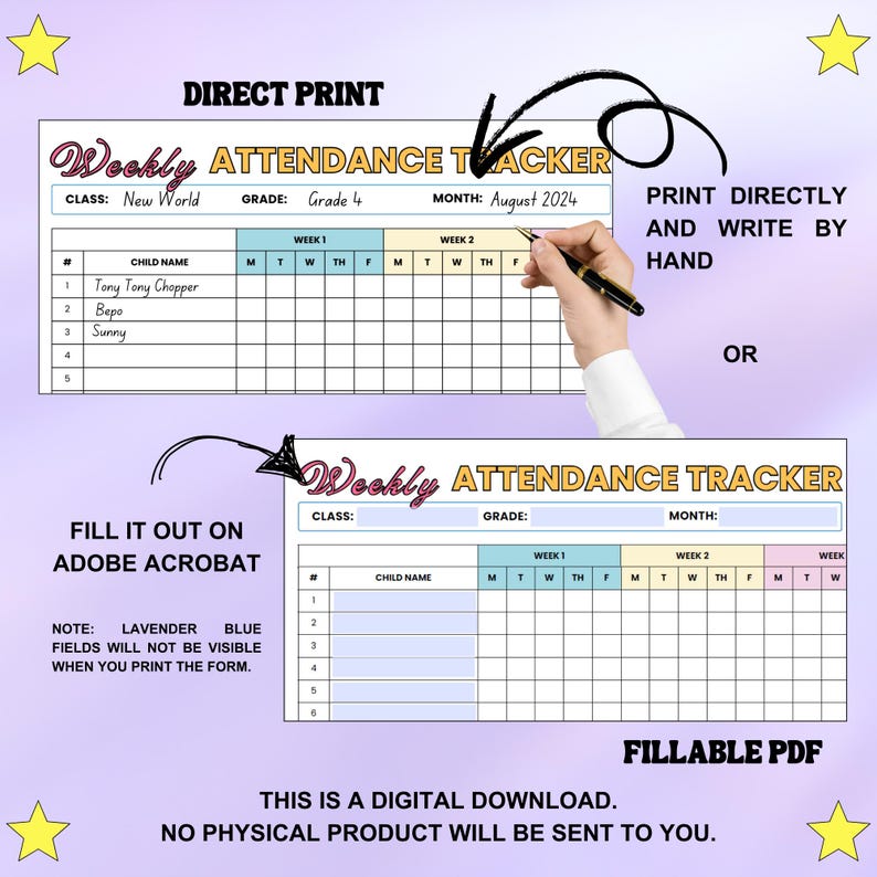 Homeschool Attendance Log Printable Weekly Attendance Tracker School ...