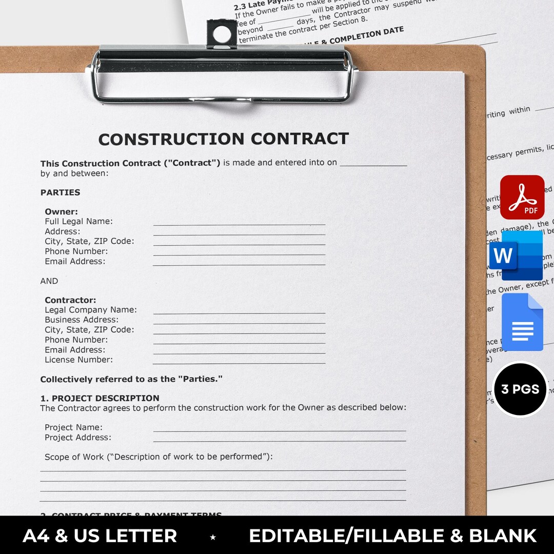 Construction Contract Template Editable Contractor Agreement Printable ...