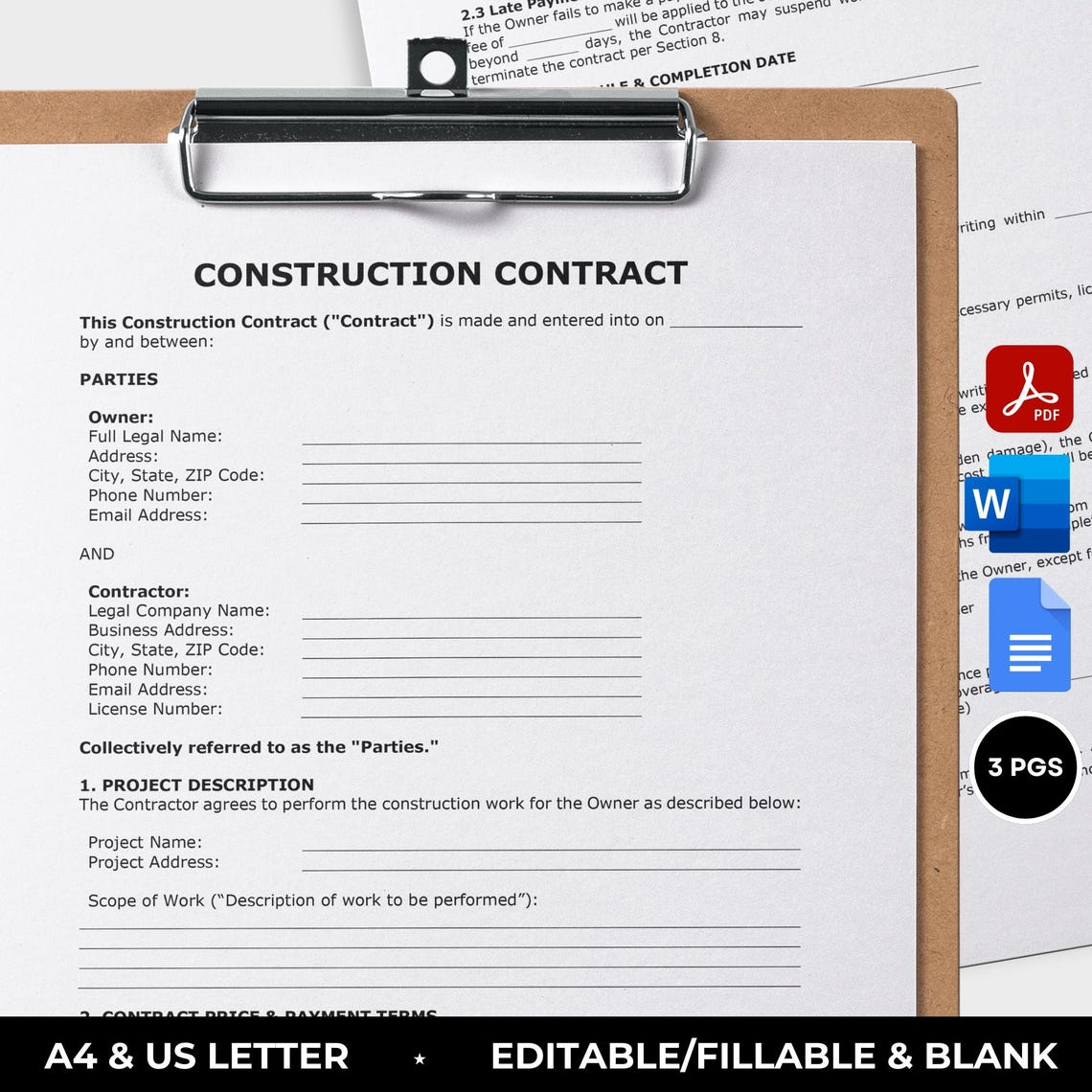 Construction Contract Template Editable Contractor Agreement Printable ...